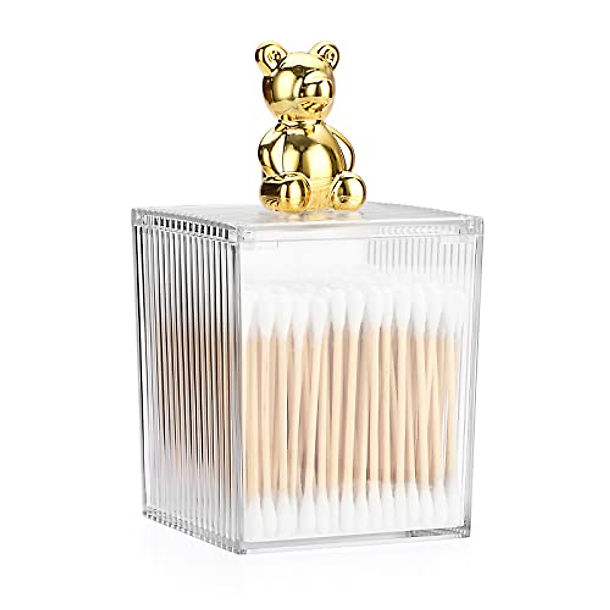Hipiwe Bear Q-tip Holder Clear Acrylic Bathroom Canisters Jar Cotton Swab Organizer Plastic Apothecary Jar Bathroom Storage Dispenser for Cotton Swab Cotton Ball, Cotton Rounds Pads, Floss