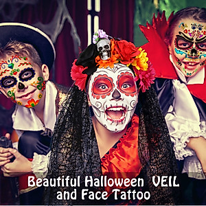 WILLBOND Day of the Dead Headband Halloween Crown Rose Floral Veil Headband with 8 Pcs Halloween Temporary Face Tattoos Dead Skull (Multi Color, Charming Style)