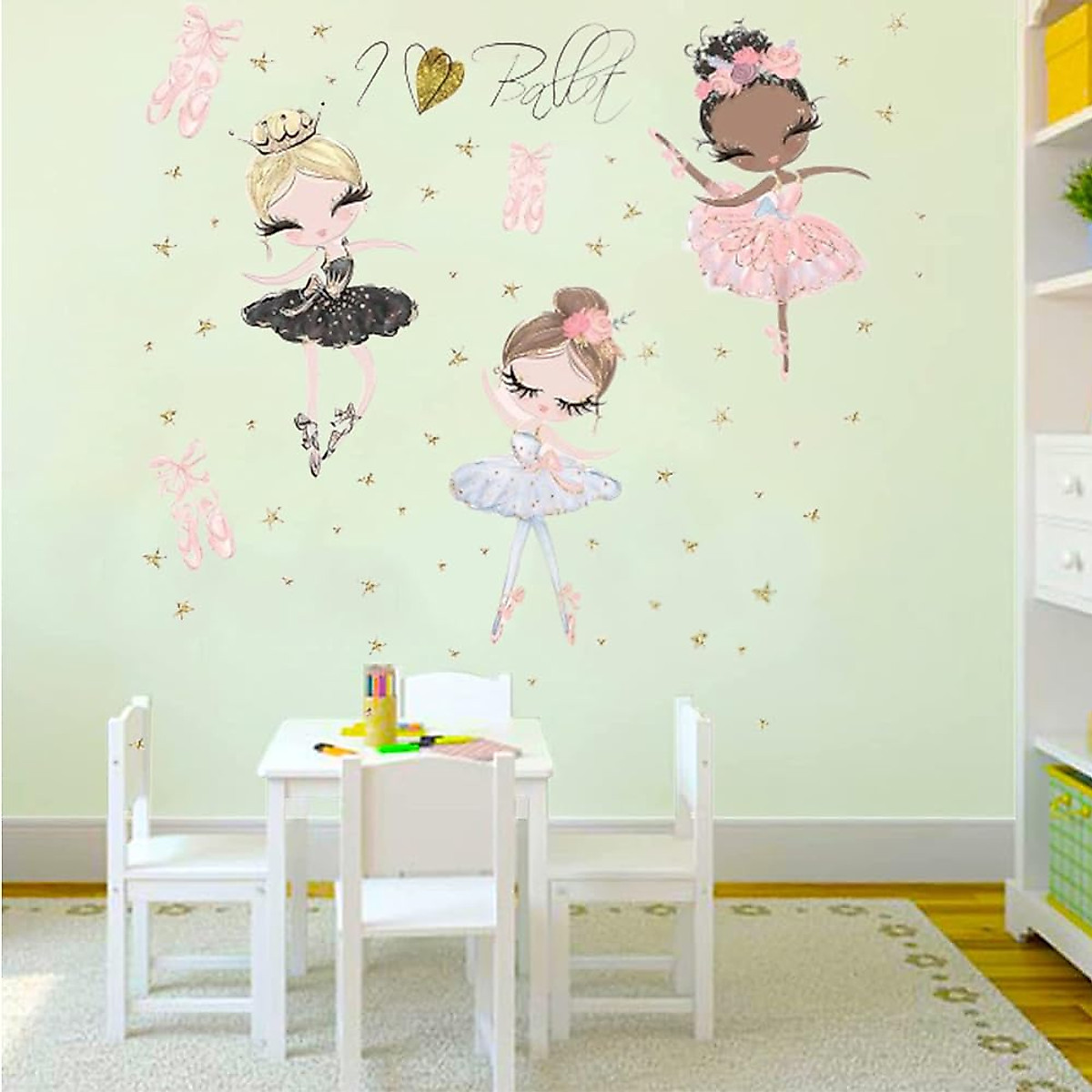 3 Ballet Dancing Girl Wall Art Decals Ballerina Wall Decals Dancing Ballerinas Wall Stickers Ballet Dancer Wall Decals with Stars Wall Art Poster for Girls Room Women (colorA)