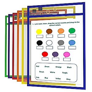 Scribbledo Dry Erase Pockets, 6 Pack Reusable Dry Erase Sleeves with Marker Holder, Colorful Dry Erase Pocket Sleeves for School or Work, Assorted Colors Sheet Protectors and Ticket Holders