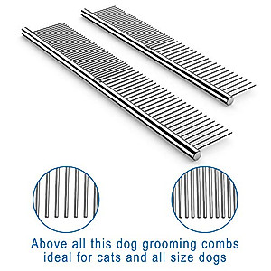 CWXZSTM Pet Steel Combs Dog Cat Comb Tool for Removing Matted Fur - Pet Dematting Comb with Rounded Teeth and Non-Slip Grip Handle - Prevents Knots and Mats for Long and Short Haired Pets,6.5IN/7.4IN