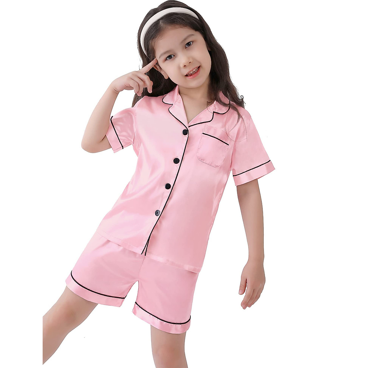 SWOMOG Kids Satin Pajamas Sets Girls Boys Button-Down Pjs Short Sleeve Silk Nightwear 2 Piece Lounge Sets Pink