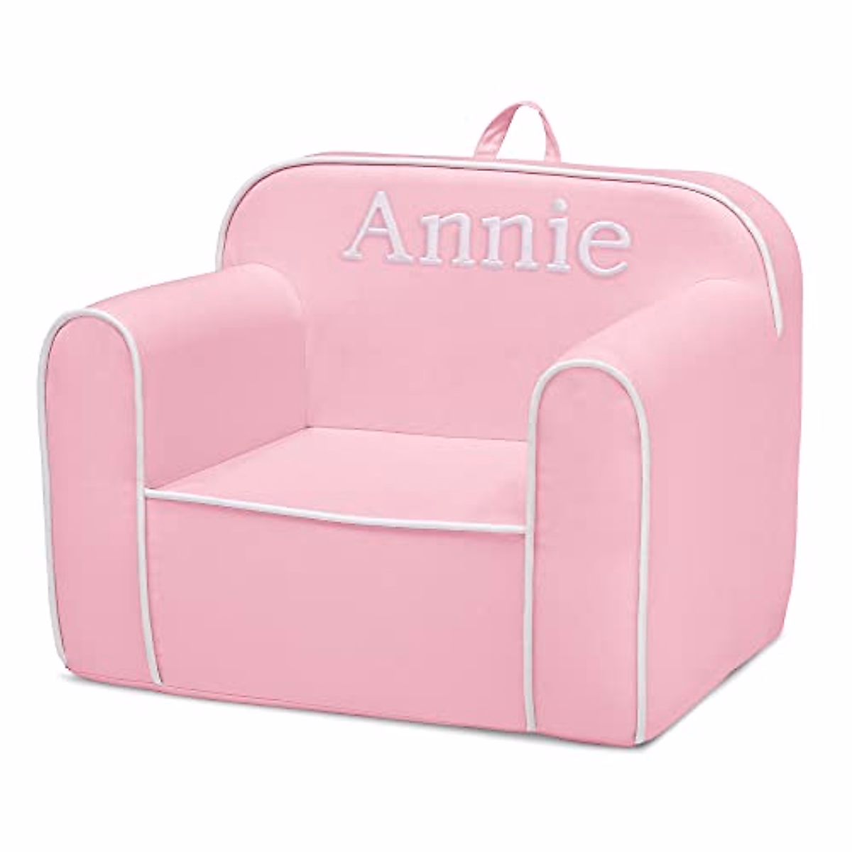 Delta Children Cozee Chair for Kids - 1 Seater Foam Toddler Couch can be Personalized with Name, Has Removable Cover for Easy Machine Washing (25x18x20.5 Inches, Pink and White)