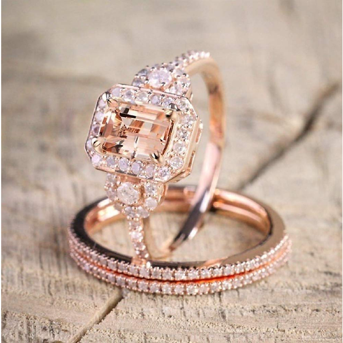LRGKMCWTOB Gorgeous 18K Rose Gold Filled Morganite Ring Engagement Bridal Women Jewelry Set Size 6-10 (Size 8)