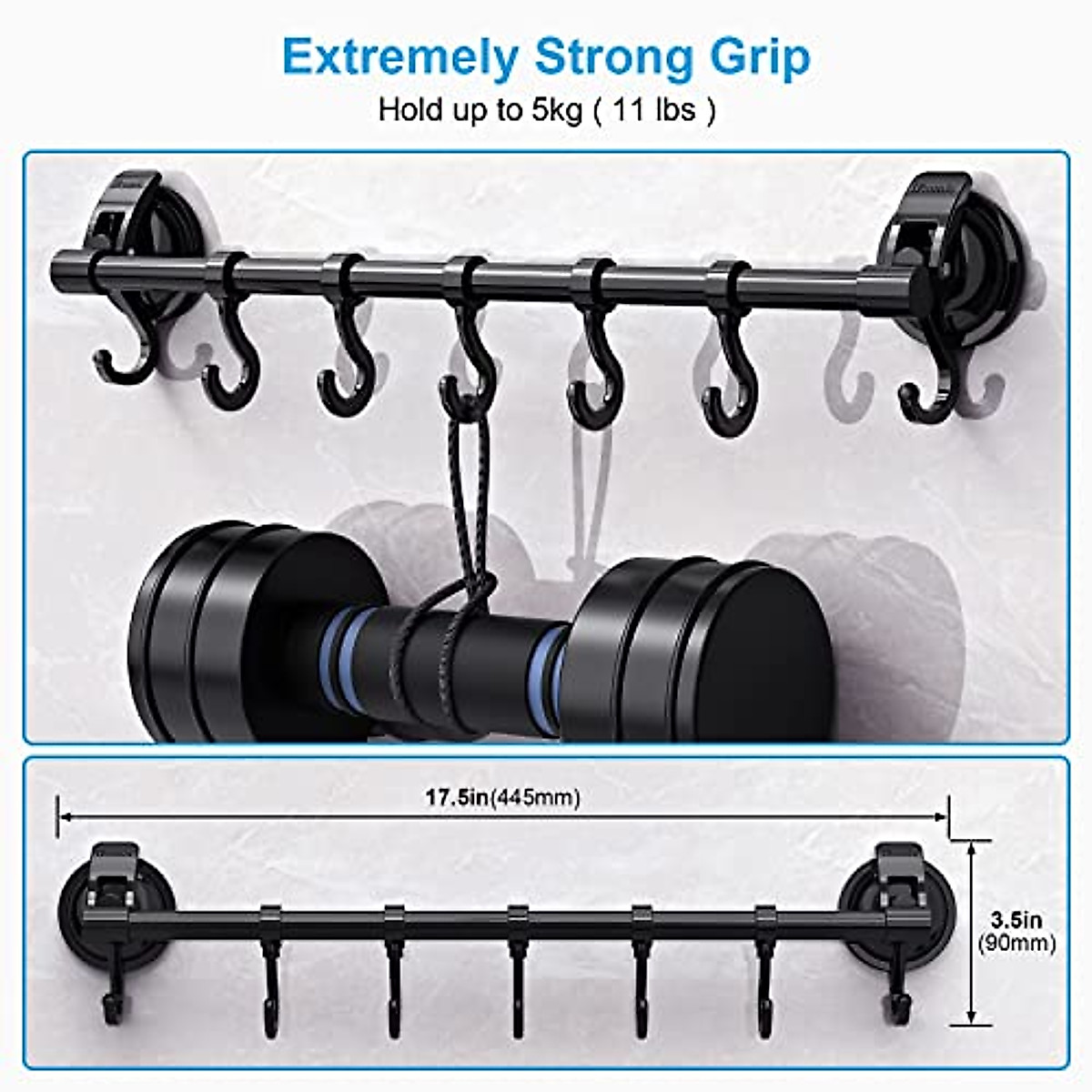 iRomic Suction Cup Hook Rack Bar Rail Hanger Shower Utensil Hook Hooks Organizer for Kitchen Utensils and Bathroom Accessories .,Black.
