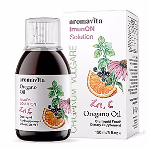AROMAVITA ImunOn Solution Syrup - Oregano Oil-Echinacea Extract,Elderberry,Sambucus Extract,Vitamin C,Zinc,b-Carotene,Orange-Powerful System Defence Booster -Natural,Vegan Friendly,Dietary Supplement