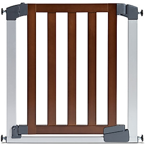 Munchkin® Auto Close Modern™ Pressure Mounted Baby Gate for Stairs, Hallways and Doors, Walk Through with Door, 2 x 40.5 x 29 inches, Dark Wood and Silver Metal