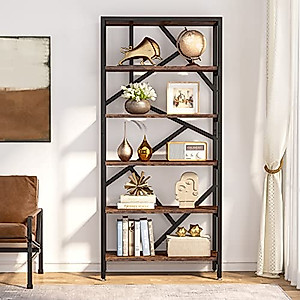 Tribesigns 6-Tier Bookshelf 71 inch Tall Bookcase, Vintage Industrial 6 Shelf Etagere Display Shelves, Open Book Storage Rack Wood Shelving Units Organizer (Brown)