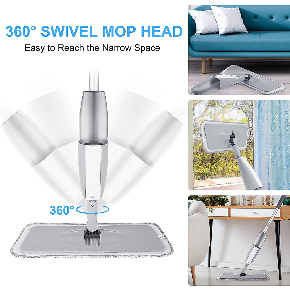 Tobeelec Spray Mop for Floor Cleaning, Microfiber Floor Mop Dry Wet Mop for Laminate Tile Ceramic Hardwood Wooden Vinyl with 4 Reusable Pads & 2 Refillable Bottle & 1 Scraper(Gray)