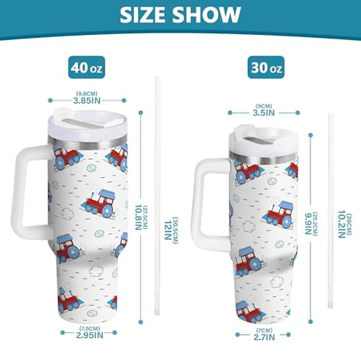 Caikeny Insulated Tumblers with Lid and Straw Cute Hand Drawn Seamless Pattern with Cartoon Trains 40 oz Reusable Stainless Steel Cup Water Bottle Coffee Travel Tumbler Mug for Women Men