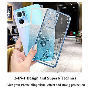 Phone Case Oppo Reno 7 pro Glitter for Women Girls Pink Floral Clear Shockproof Protector Oppo Reno 7 pro Phone Case Cover Diamond Bling Sparkle Luxury Cute Thin 2023 (Blue)