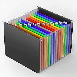 Plastic Expanding Hanging File Folders Letter Size,13 Expandable Pockets,Colored and Blank Tabs,Innovative Accordion Hanging Folder for Filing Cabinet,Fun Storage Office Supplies,Rainbow Black