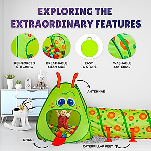 Kiddey Caterpillar Kids Play Tunnel and Tent | 2 Pc. Crawl Through Baby Ball Pit Pop up for Toddler, and Babies, Indoor & Outdoor Jungle Gym Party Gift | Crawling Tunnels & Tents for Toddlers