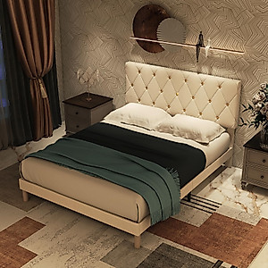 Mhjinuwet Queen Size Bed Frame, Velvet Upholstered Platform with Headboard, Easy Assembly, No Box Spring Needed, Non-Slip and Noise-Free with Strong Wooden Slats (Beige, Queen (U.S. Standard))