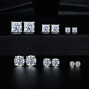 14K Gold Plated Round Princess Cut Clear Cubic Zirconia Hypoallergenic Stud Earring Set for Men Women 6 Pairs