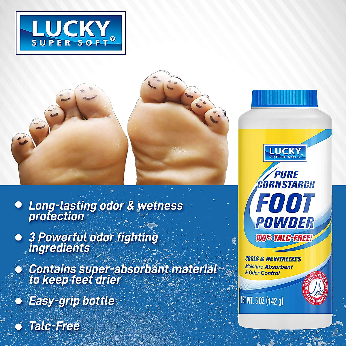 Lucky Super Soft Cornstarch Foot Powder, Talc-Free, Moisture Absorbing Odor Fighting Formula, Natural Protection Against Chafing - (12, 5-Ounce Bottles)
