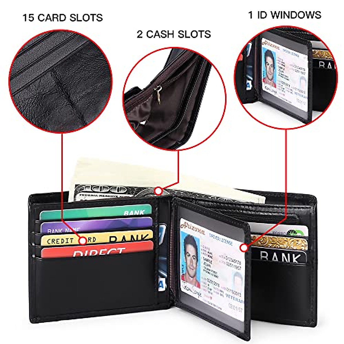 GOIACII Wallets for Men Genuine Leather RFID Blocking Bifold Wallet With ID Window and 16 Credit Card Pockets