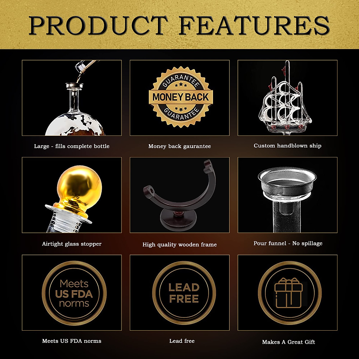 welly pro Whiskey Decanter Set with Wooden Base - Etched World Globe Whiskey Decanter Set, Whiskey Gifts for Men