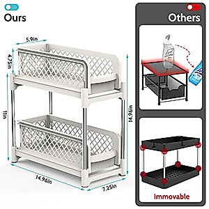 Under Sink Organizers and Storage, Bathroom Organizer with Pull Out Drawer, 2 Tier Sliding Cabinet Basket Organizer Drawer, Storage Shelf for Kitchen Bathroom Cleaning Supplies Organizer, 2 Pack,White