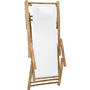 vidaXL Cream White Adjustable Deck Chair - Bamboo and Durable Canvas Material - Foldable Design for Easy Storage - Ideal for Garden, Patio, and Terrace