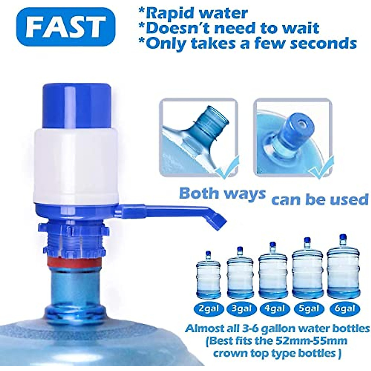 Qulable Manual Water Pump, Portable Water Jug Dispenser, BPA Free, 5 Gallon Water Pump with Cap Fits Most 2-6 Gallon Water Coolers for Camping, Sports, Family, School, Office