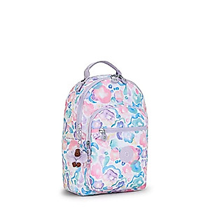 Kipling Women's Seoul Small Backpack, Durable, Padded Shoulder Straps with Tablet Sleeve, Aqua Flowers, 10''L x 13.75''H x 6.25''D
