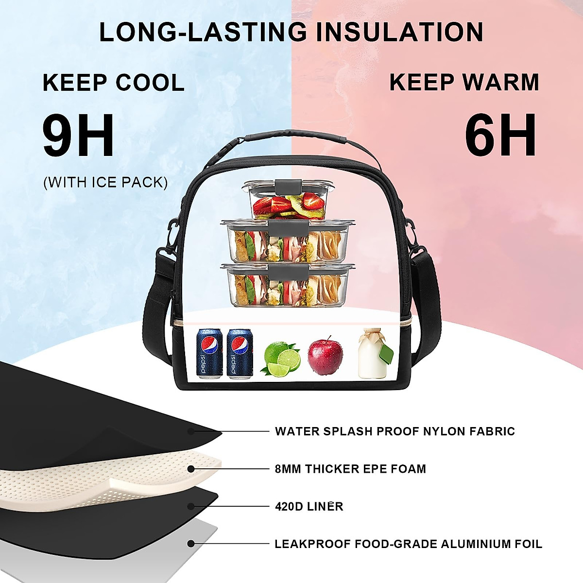Everfun Insulated Lunch Bag for Women Double Deck Lunch Box 15 Can Leakproof Portable Reusable Tote Bag Lunch Cooler for Work, Black