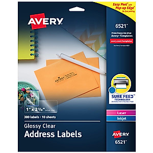 Avery 6521 Glossy Crystal Clear Address Labels for Laser & Inkjet Printers, 1" x 2-5/8", 300 Labels