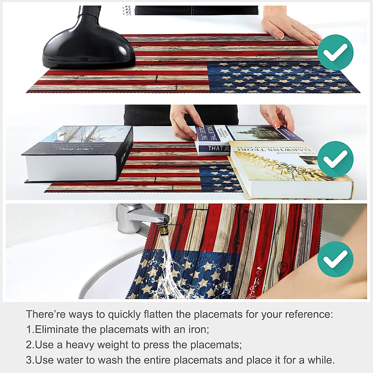 Naanle Wooden American Flag Placemats Set of 6, 4th of July Star and Stripe Non Slip Heat-Resistant Washable Table Place Mats for Kitchen Dining Table Home Decoration, 12" x 18"