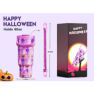 Meoky 40 oz Halloween Tumbler with Handle and Straw, Insulated Water Bottle, Stainless Steel Travel Mug, Keeps Cold for 34 Hours, Fits in Car Cup Holder (Spooky Pumpkin)