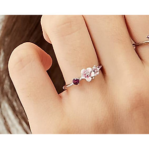 Anthia Jewelry 925 Sterling Silver Enamel Cubic Zirconia Wild Flower Dainty Ring (Silver & Pink, 5)