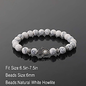 KIKILA 2Pcs Set Handmade Elastic 6mm Beads Hamsa Bracelet Natural Stone Evil Eye Hamsa Fatima Hand Charm Beaded Couples Bracelets Kabbalah Bracelet (Howlite +Lava)