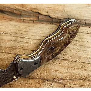 Damascus Steel Folding Pocket Knife With Ram Horn Handle - 100% Handmade Gift Knives for Men With Leather Sheath - 7.5 inches Knives For Hunters - Perfect for Any Occasion, Birthday, Anniversary, Wedding, Graduation