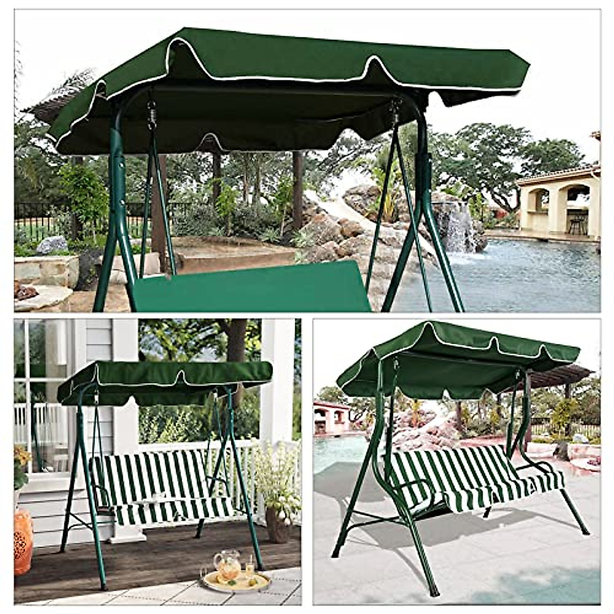 Swing Canopy Replacement Cover & Swing Seat Cover, 3 Seater Outdoor Swing Seat Cover Replacement Top Cover for Garden Patio, Patio Swing Cover Set Waterproof,Green,195x125x15cm/77x49x6''