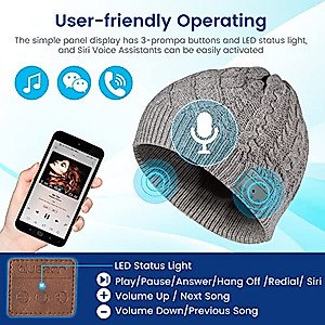 blueear Bluetooth Beanie Hat Bluetooh 5.2 Headphone Wireless Winter Knit Hats with Stereo Speaker and MIC 15 Hours Working Time for Outdoor Sports Grey