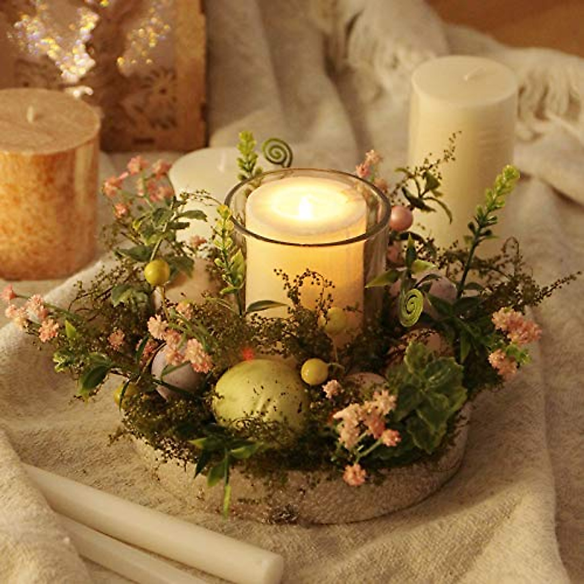 Easter Candle Holder with Pastel Eggs and Mixed Flowers Hurricane Candlestick with Glass Screen Cover Spring Candleholder Small Wreath Candlestick Centrepiece Table Top Decoration Easter Ornaments