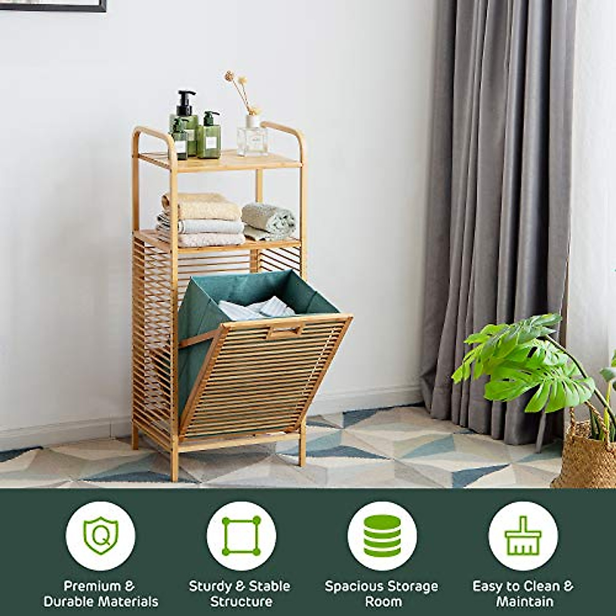 RELAX4LIFE Laundry Hamper Bamboo W/ Removable Liner, 2-Tier Shelves Tilt-out Design Space-Saving Laundry Hamper Basket for Bathroom, Living Room,Bedroom, Natural +Green
