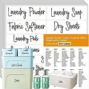 Hebayy 242 pcs Laundry Room, Linen Closet & Office Labels, 220 Pre-Printed Waterproof Oil&Tear Resistant Removable Stickers, 22 Blank Ones, No Residue for Home Office Craft Room Organization