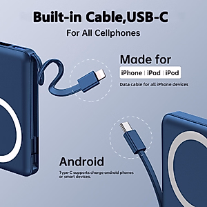 Yiisonger Magnetic Wireless Power Bank - 10000mAh Portable Charger 22.5W PD Fast Charging with Built-in Cables LED Display, Slim Magnetic Battery Pack for iPhone 15/14/13/12/Pro/Mini/Pro Max (Blue)