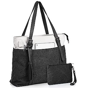 Cute Tote Bags for Women,Lightweight Laptop Bag with Zipper and Pockets for Work Travel College,School Book Bag Handbags,Canvas,Black