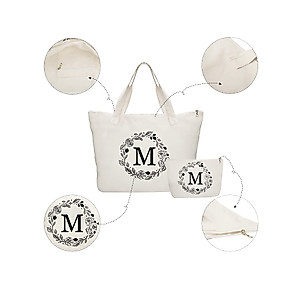 Binggemen Personalized Initial Canvas Tote Bag with Zipper, Present Bag with Inner Pocket & Make Up Bag, Great Gifts for Women, Mom, Teachers, Friends, Bridesmaids