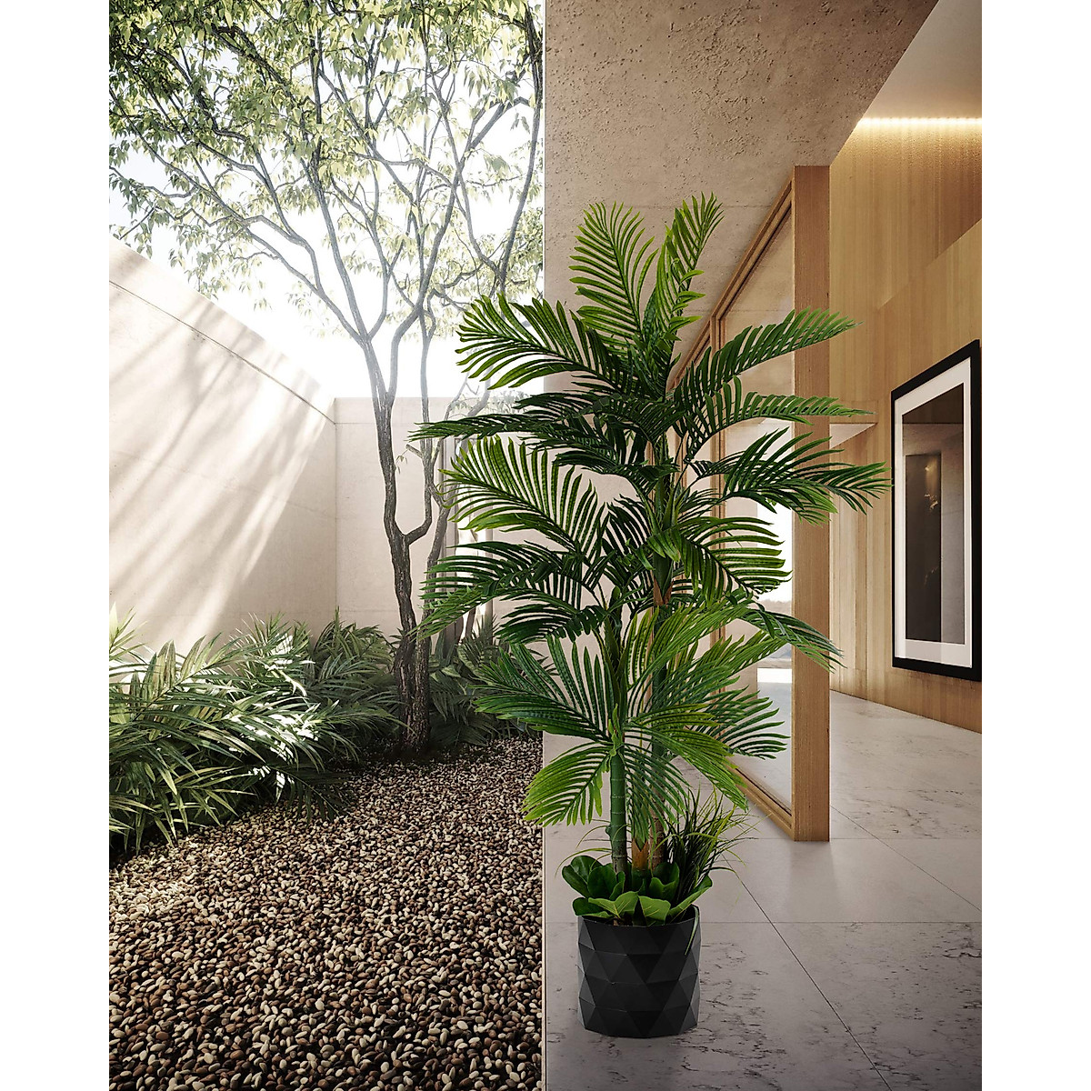 Deluxe 78" Golden Cane Palm Artificial Tree + Premium Fiddle Leaf Foliage in 8" Base + 12" Plant Pot Skirt + Bonus USA Flag Style Pot Pant