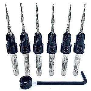 FTG USA Countersink Drill Bit Set 6 Pc #6 (9/64") Parabolic Flute Wood Countersink Drill Bit, Pro Pack Countersink Bit, Tapered Drill Bits for Countersink with 1 Depth Stop Collar and 1 Hex Wrench