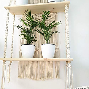 KALTEK Macrame Shelf | Boho Style with Two Tier Wood Shelves | Beautiful Handmade Macrame Shelf for Hanging Plants and Decor | Boho Wall Decor with Macrame Rope and Shelf
