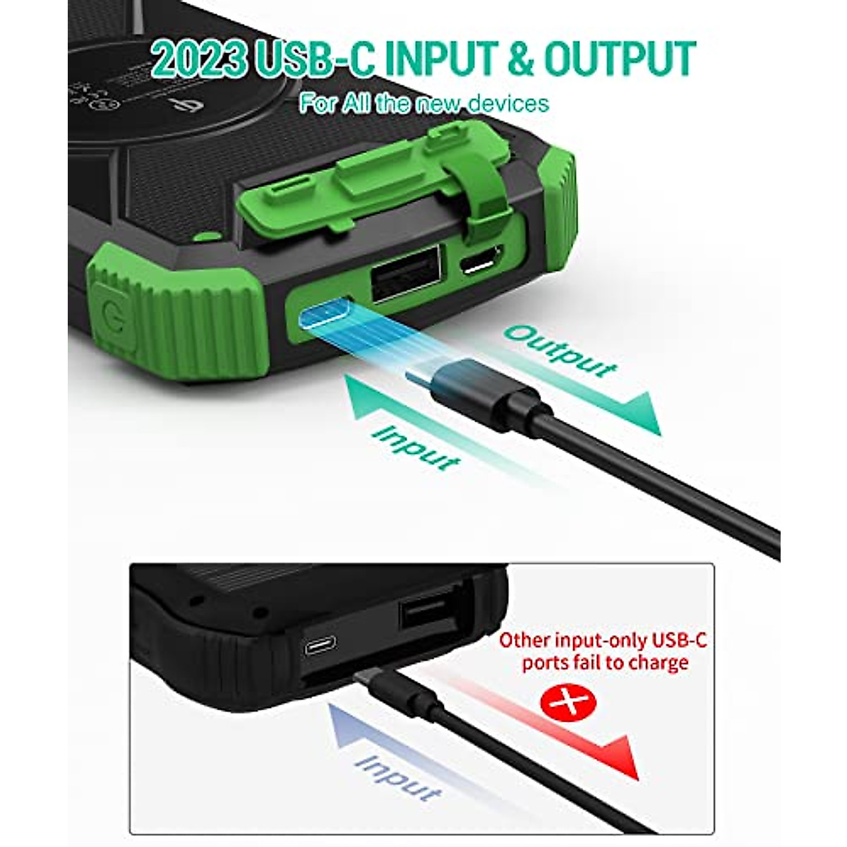 BLAVOR Solar Charger Power Bank, Qi Wireless Charger 10,000mAh External Battery Pack Type C Input Output Dual Super Bright Flashlight, Compass Carabiner, Solar Panel Charging(Dark Green)