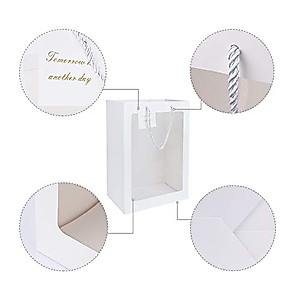 sdoot Gift Bags, Gift Bags with Transparent Window, 10pcs Tote Paper Bags, 7.9''×5.9''×11.8'' White Gift Bags with Handles Bulk, Wedding Party Bags