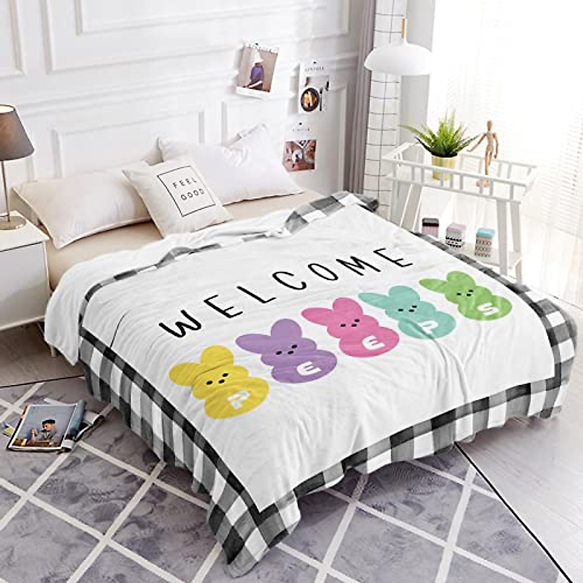 Flannel Fleece Blanket Soft Comfy Throw Blankets 50x60in Easter Colorful Cartoon Rabbit Peeps Warm Cozy Fluffy Plush Lightweight Throw Blanket for Couch Bed Sofa Travel Quote and White Black Lattice