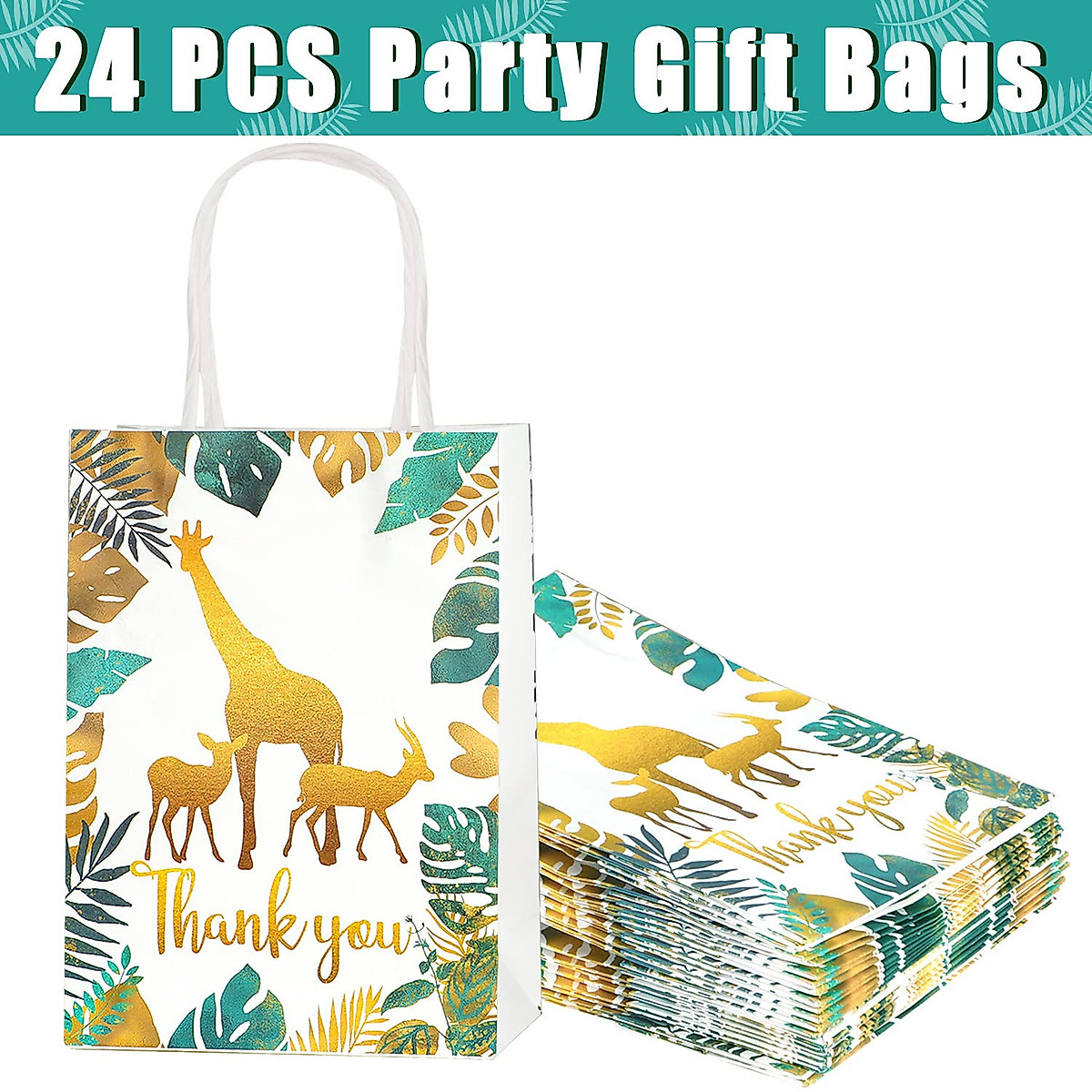 Jungle Safari Party Favor Bags 24 Pcs Jungle Animal Theme Candy Treat Bags Thank You Paper Gift Bags with Handles for Baby Shower Birthday Party