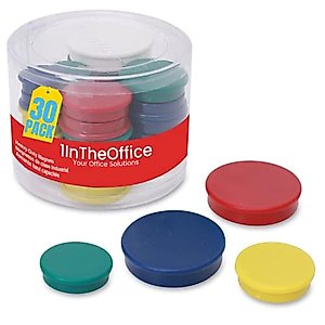 1InTheOffice Colored Magnets, Strong Magnets, Heavy Duty Magnets, Round Magnets, Assorted Size 3/4", 1-1/4" and 1-1/2", (30/Pack)