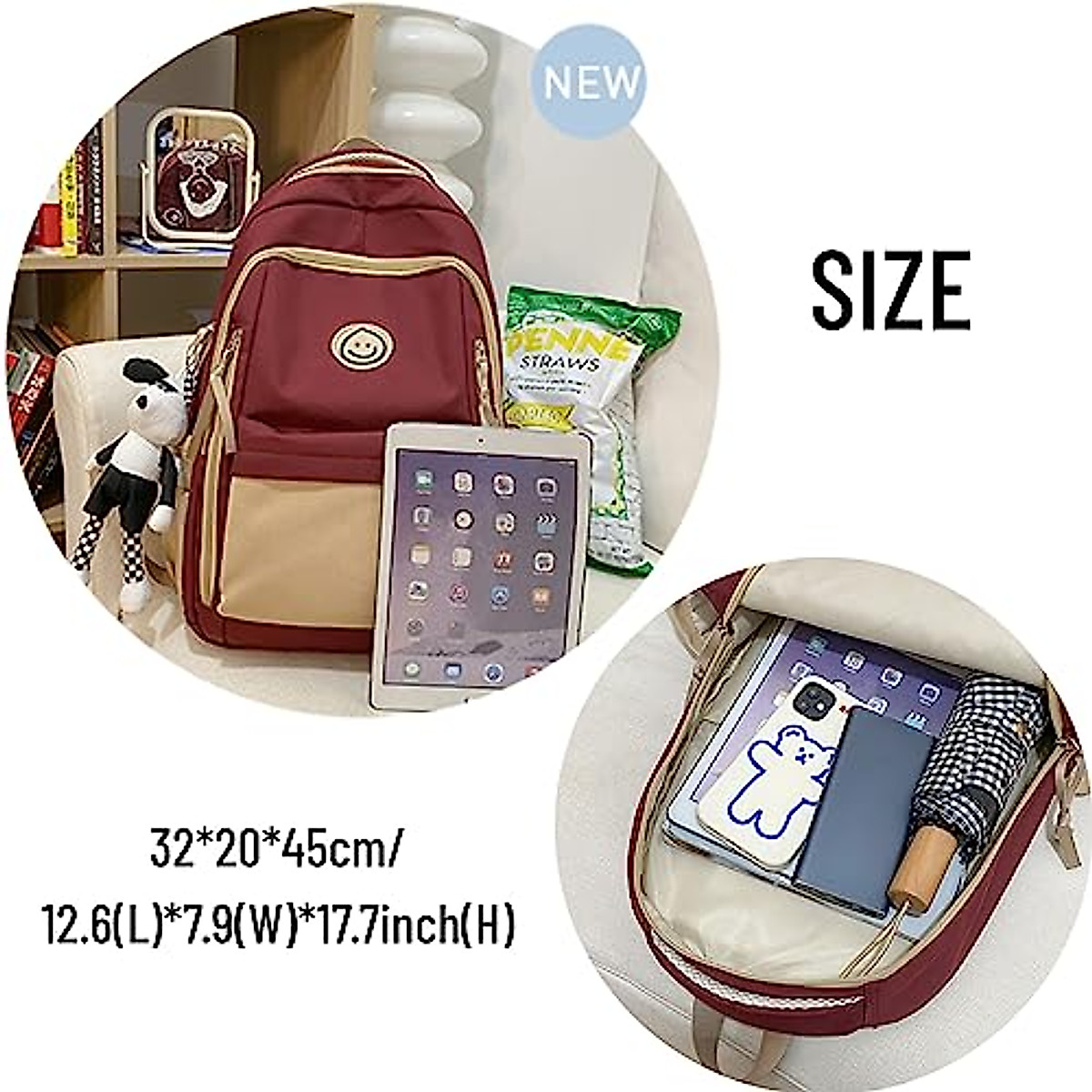 srdmuph Kawaii Backpack with Cute Accessories Pendant Travel Casual Daypack Large Outdoor Laptop Bag Waterproof (Black)